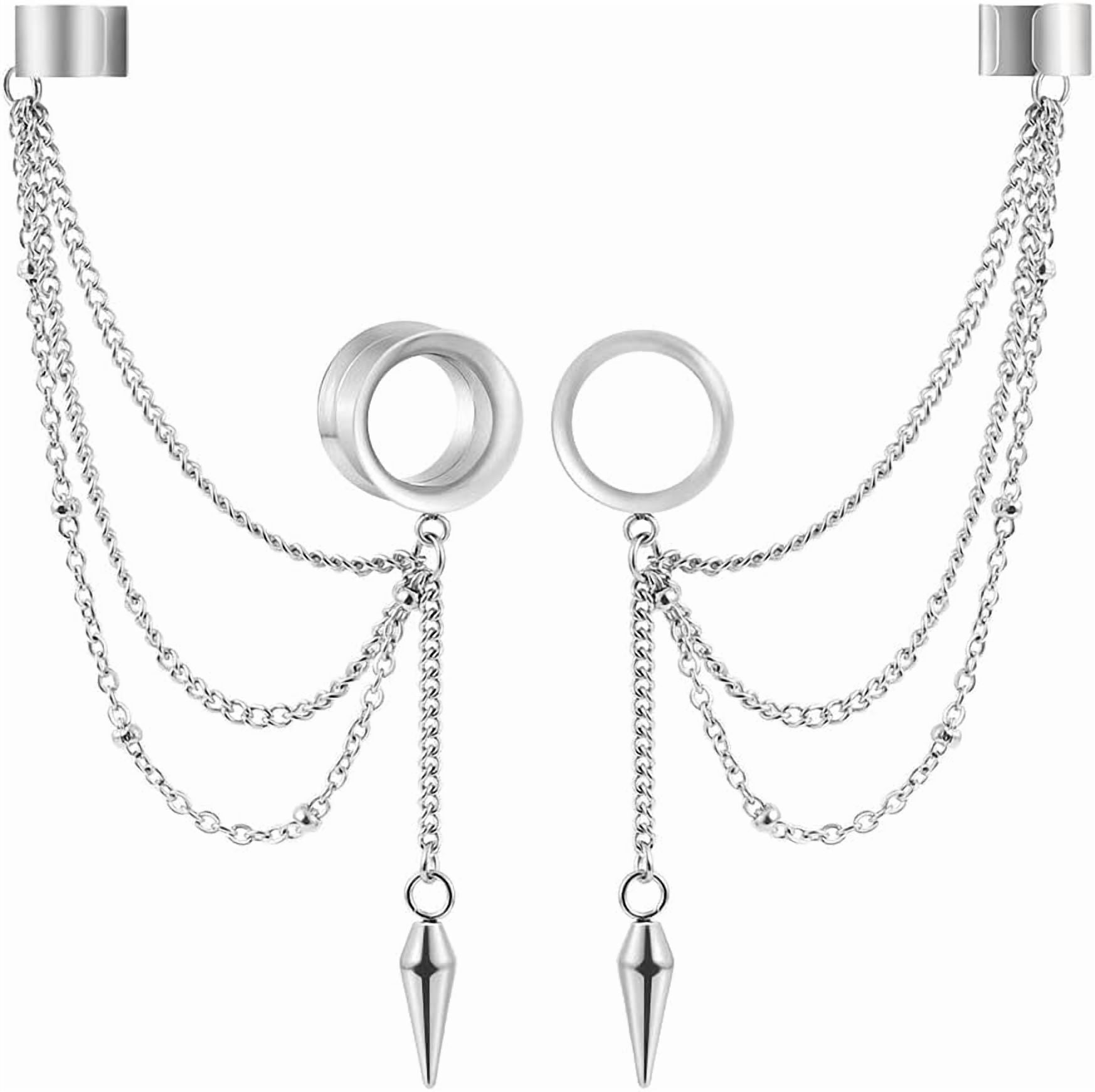 2PCS 6mm-25mm (2G-1") Trendy Cuff Clip Triple Chain Dangle Ear Plugs ...