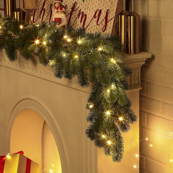 2PCS 9ft Pre-Lit Christmas Garland, Artificial Lighted Norfolk Pine ...