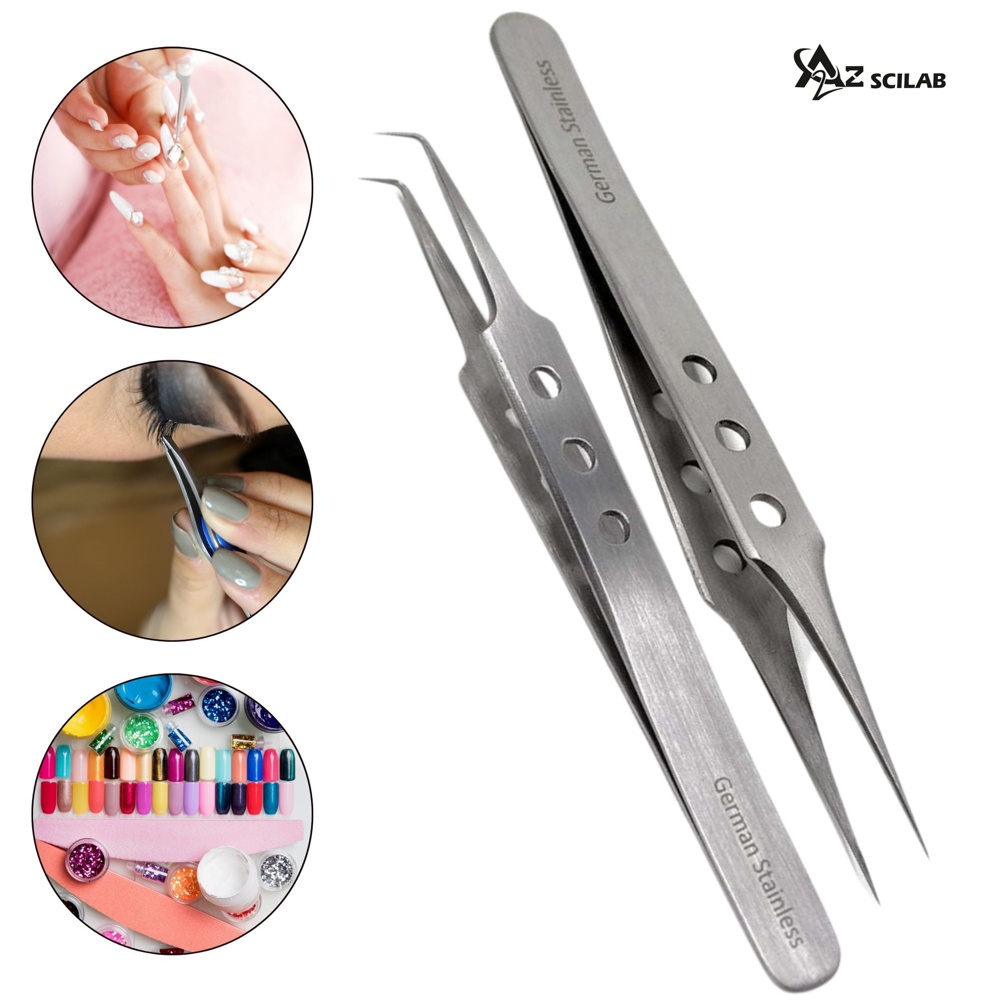 2PCS A2ZSCILAB Stainless Steel Straight and Curved Tip Tweezers Nippers ...