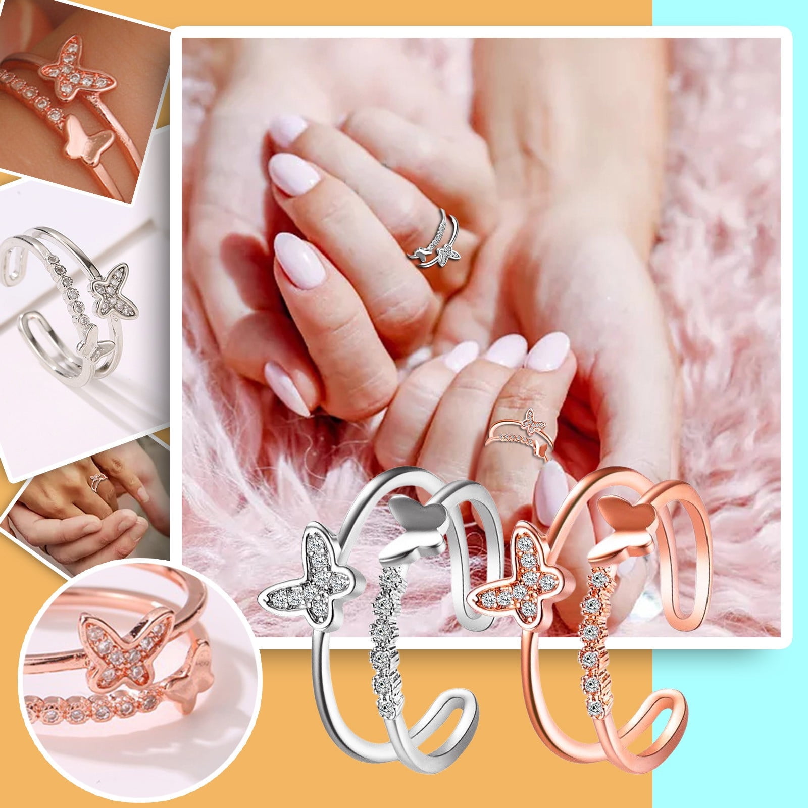 2PCS Adjustable Double Layer Butterfly Ring With Diamond Opening ...
