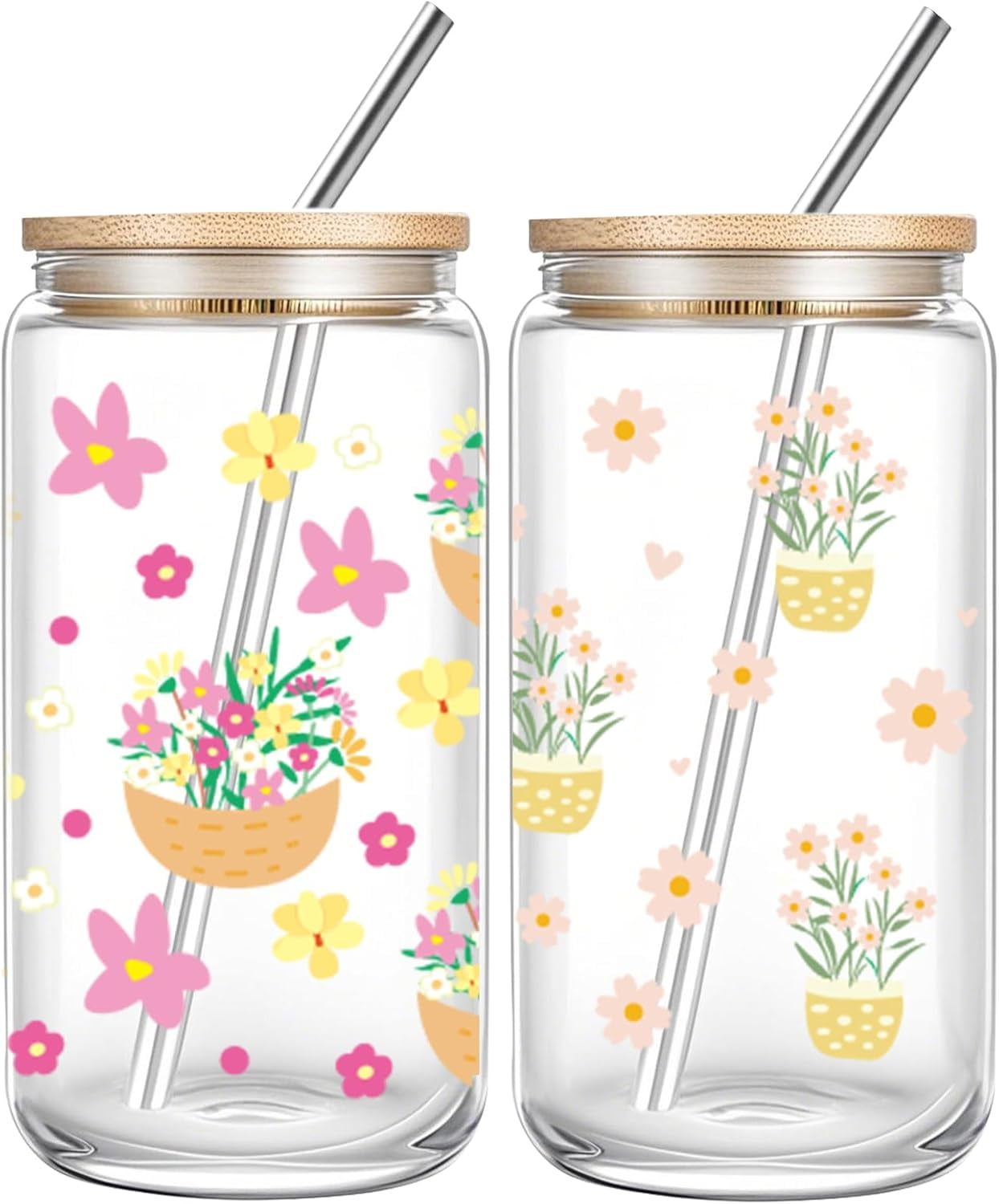 2PCS Aesthetic Flower Glass Cups with Lids and Straws, Cute Gifts for ...