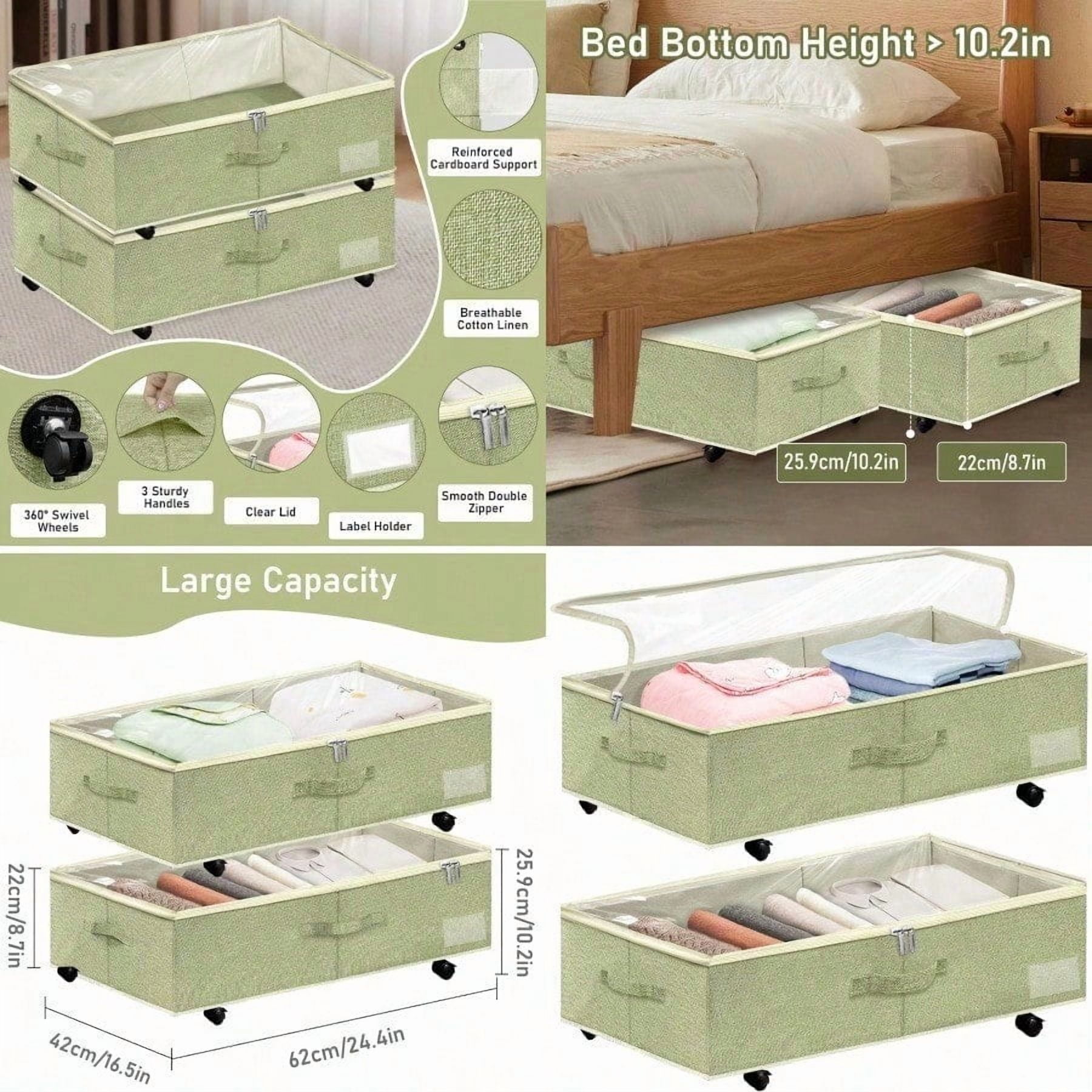 2PCS Under Bed Storage Bins With Wheels Clear Lids 10 Inches High ...