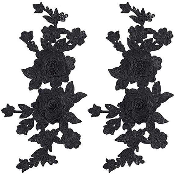 2PCS Black Embroidered Floral Appliques Boho Love Vintage Rose Sew on ...