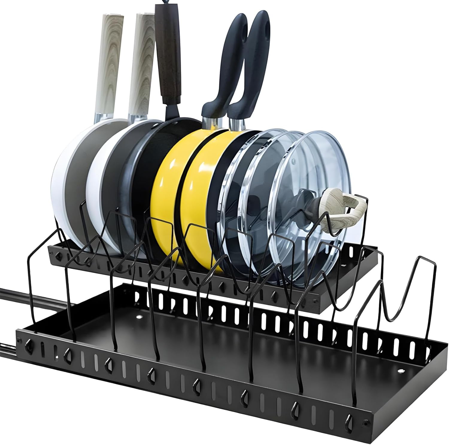 2PCS Black Pot Lid Organizer, Pull-out Pots and Pans Organizer, Under ...