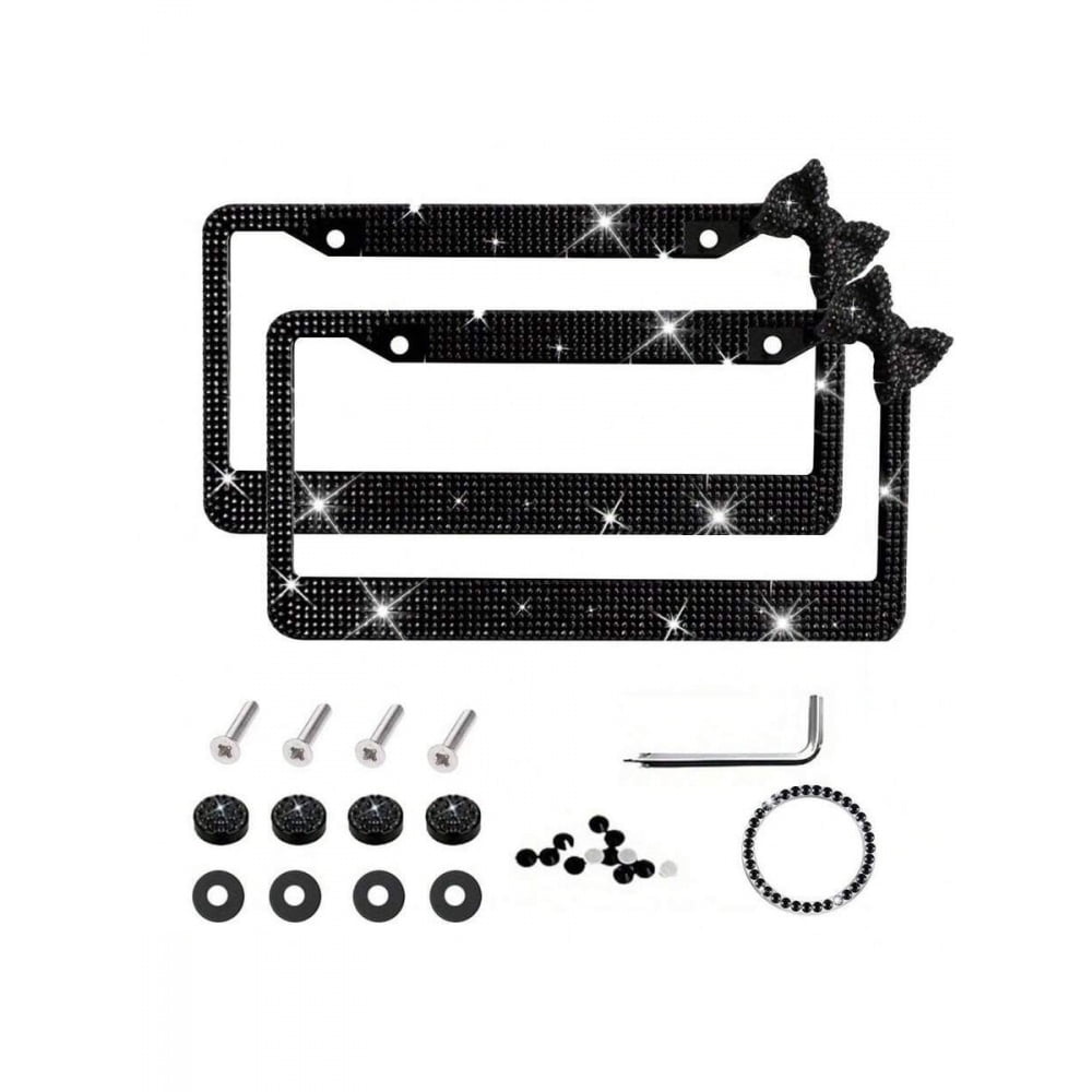 2PCS Black Rhinestone License Plate Frames With Black Bow Decor ...