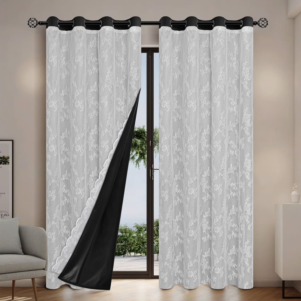 2PCS Blackout Curtains with Sheer Overlay, Deluxe Double Layer Solid ...