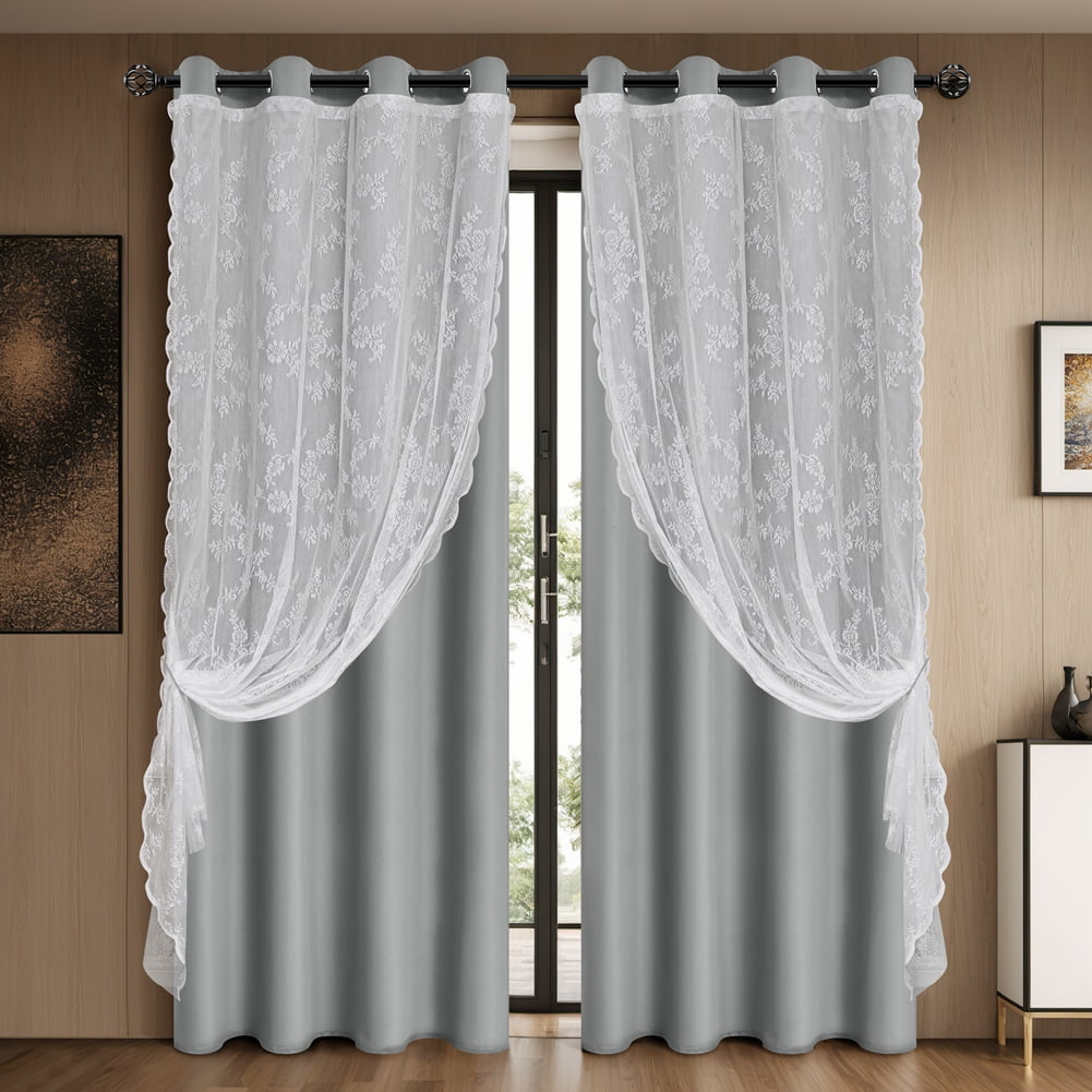 2PCS Blackout Curtains with Sheer Overlay, Deluxe Double Layer Solid ...