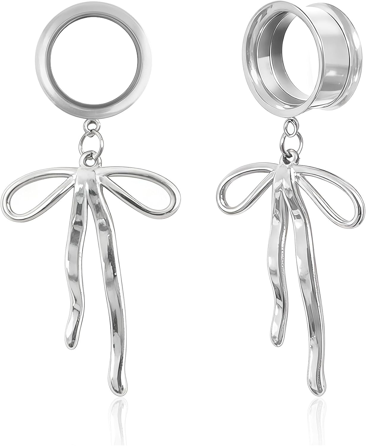 2PCS Bow Dangle Gauges Earrings - Stainless Steel Hypoallergenic Ear ...