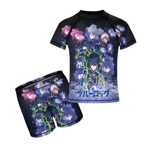 2PCS Boys BLUE Ball LOC-,K Rash Guard Swimsuit Short Sleeve Swimwear ...