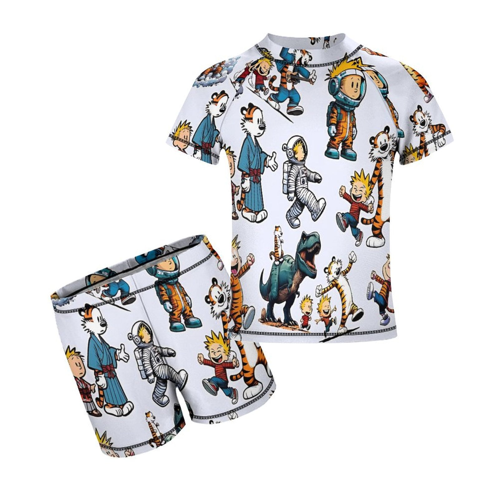 2PCS Boys Calvin And Hobbe Rash Guard Swimsuit Short Sleeve Swimwear Sets Beach Bathing Suit for ...