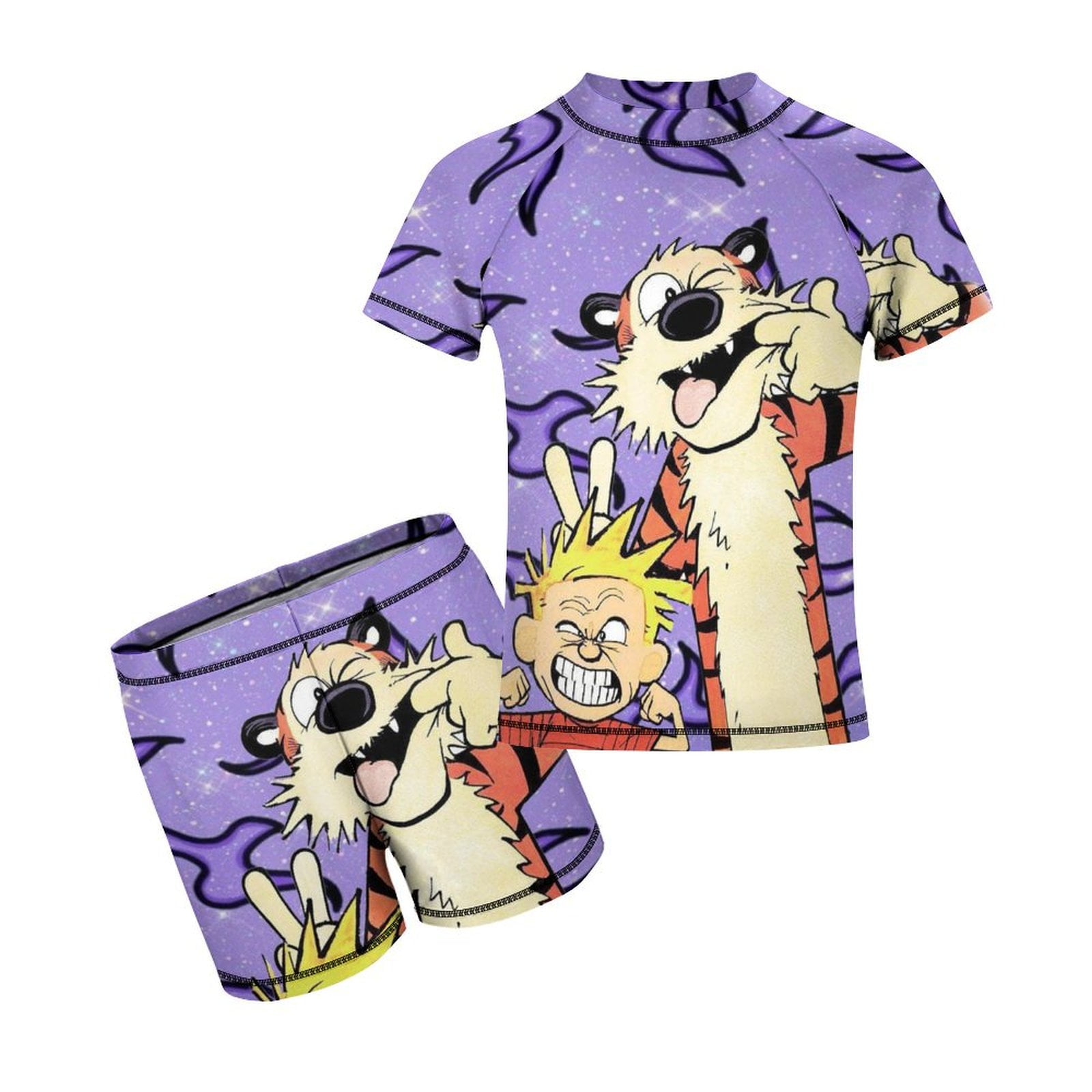 2PCS Boys Calvin And Hobbe Rash Guard Swimsuit Short Sleeve Swimwear Sets Beach Bathing Suit for ...