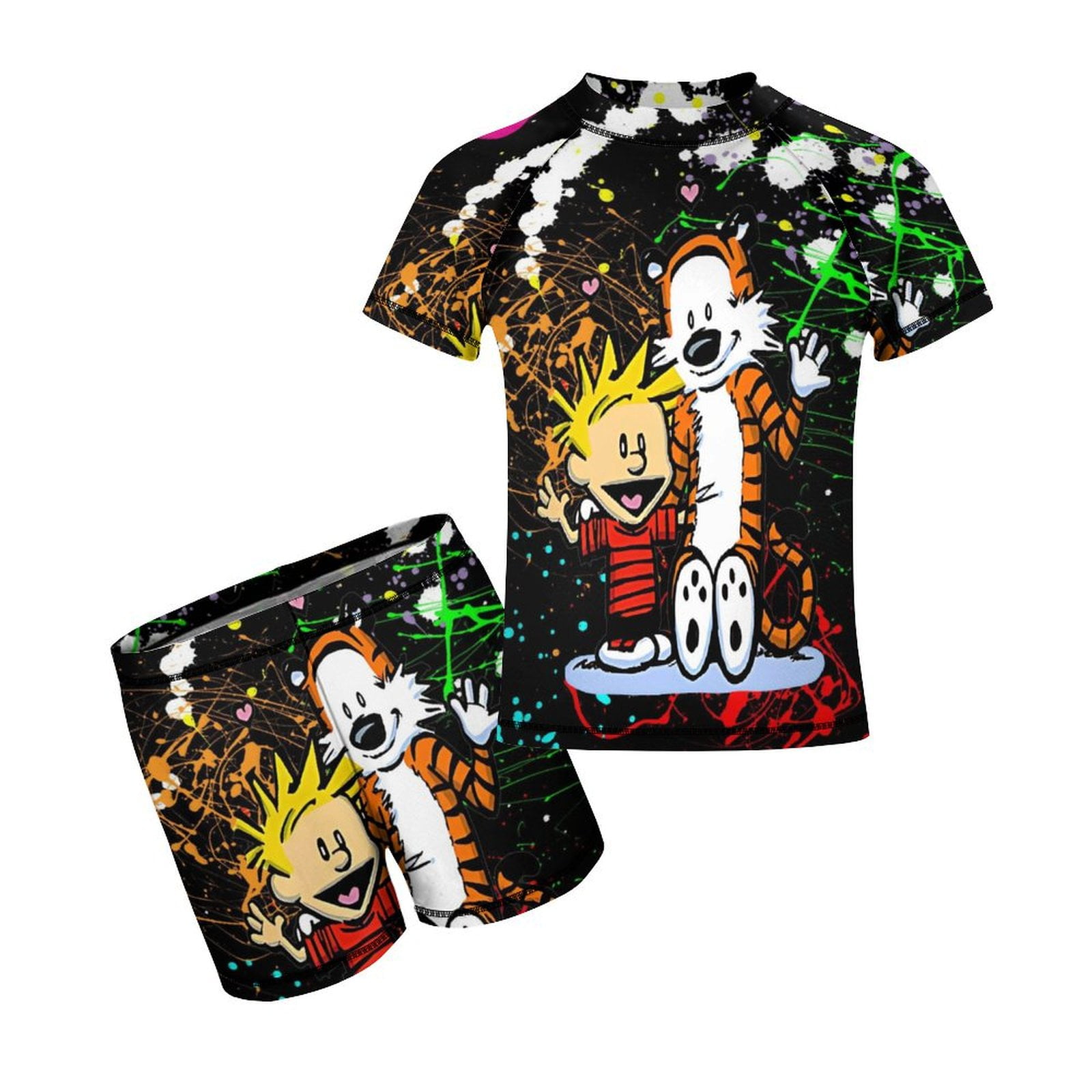 2PCS Boys Calvin And Hobbe Rash Guard Swimsuit Short Sleeve Swimwear Sets Beach Bathing Suit for ...