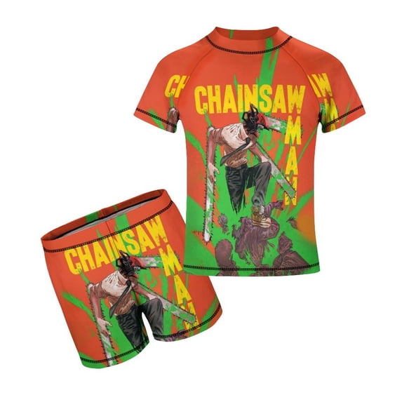 2PCS Boys Chainsaw Orange Men Rash Guard Swimsuit Short Sleeve Swimwear ...