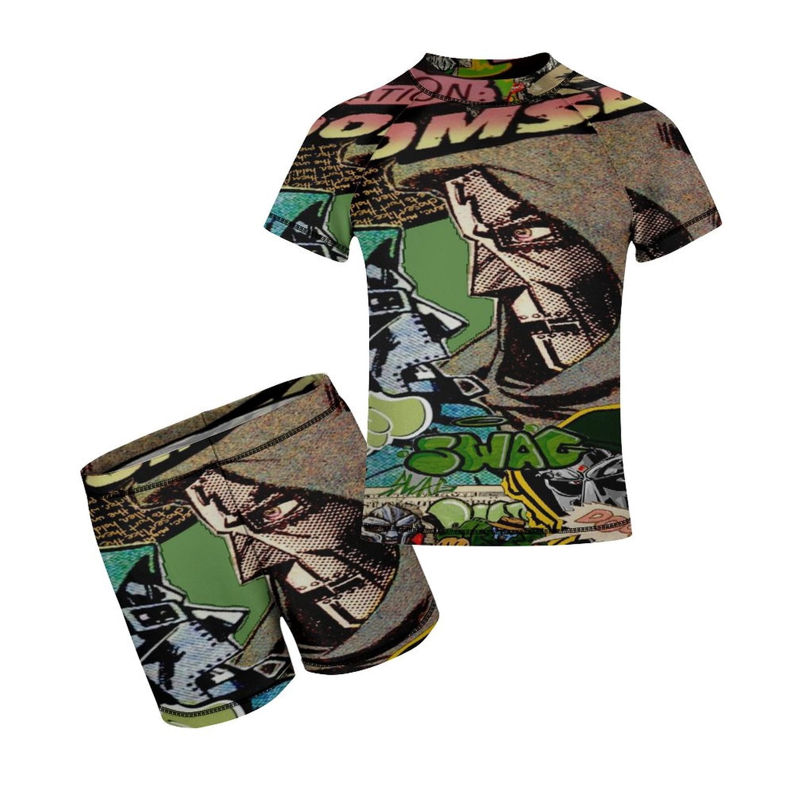 2PCS Boys Mf Doom Rash Guard Swimsuit Short Sleeve Swimwear Sets Beach ...