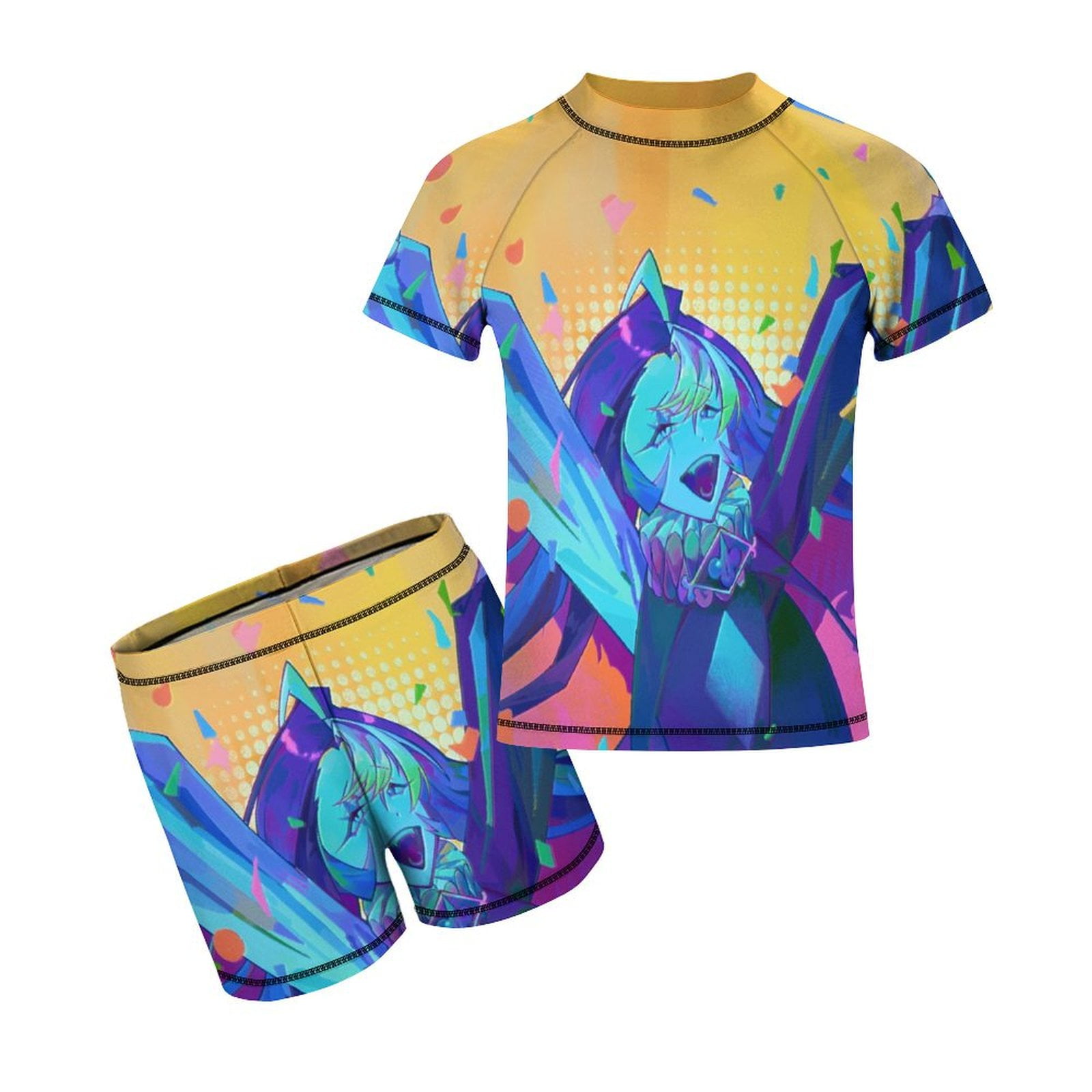 2PCS Boys Shadow Milk Cookie Rash Guard Swimsuit Short Sleeve Swimwear ...