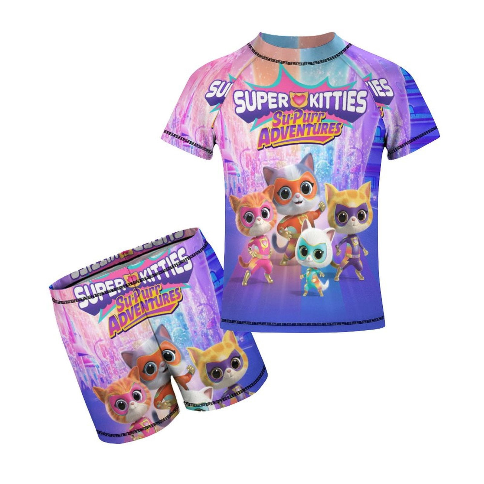 2PCS Boys Super Anime Kitty Rash Guard Swimsuit Short Sleeve Swimwear ...