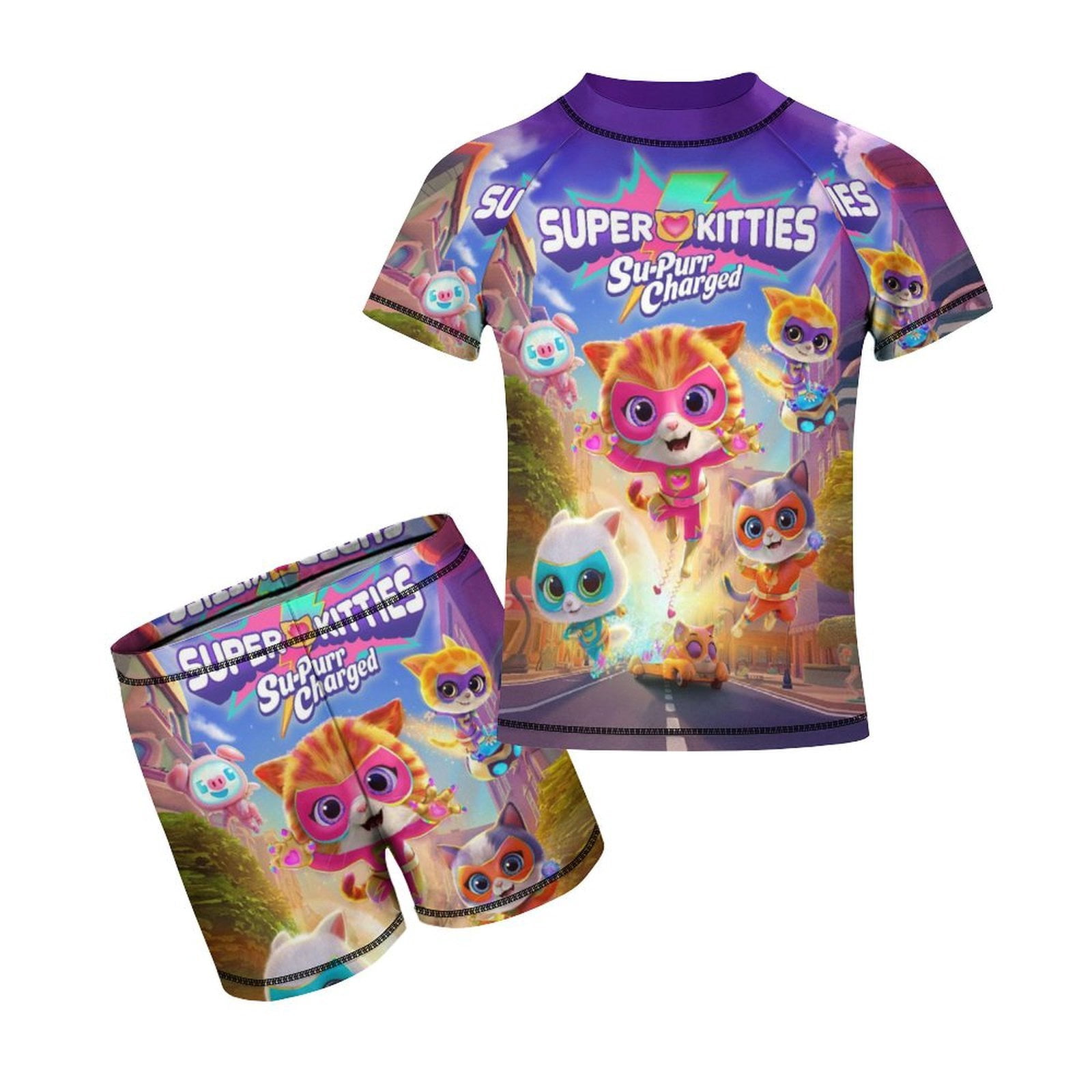 2PCS Boys Super Anime Kitty Rash Guard Swimsuit Short Sleeve Swimwear ...