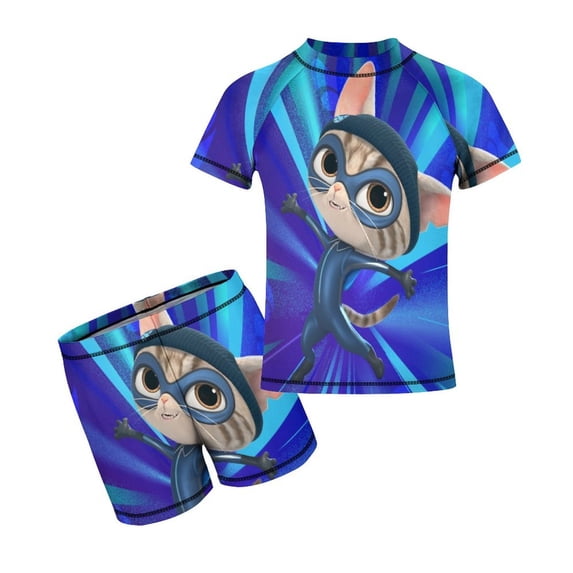 2PCS Boys Super Anime Kitty Rash Guard Swimsuit Short Sleeve Swimwear ...