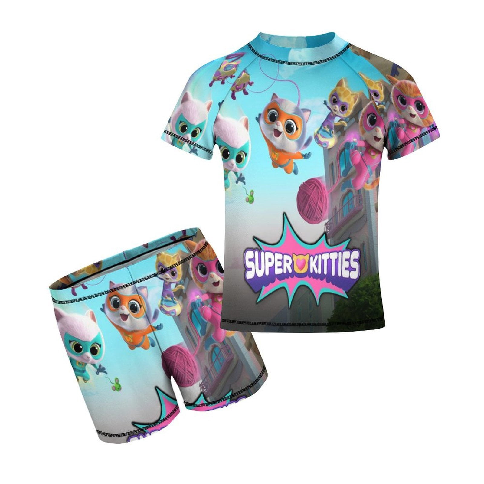 2PCS Boys Super Anime Kitty Rash Guard Swimsuit Short Sleeve Swimwear ...