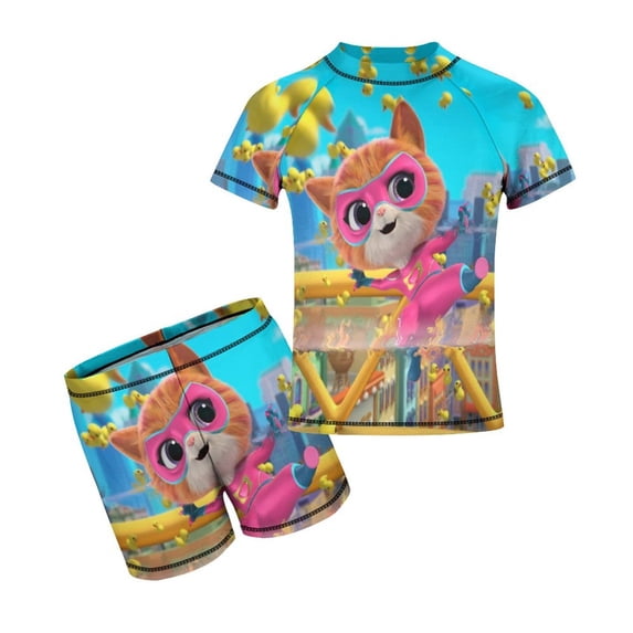 2PCS Boys Super Anime Kitty Rash Guard Swimsuit Short Sleeve Swimwear ...