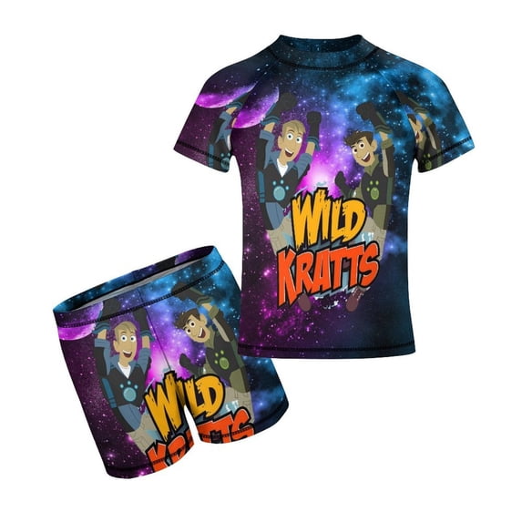 2PCS Boys Wild Animal Kra-,tt2 Rash Guard Swimsuit Short Sleeve ...