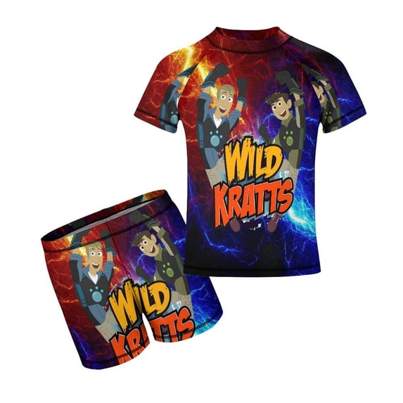 2PCS Boys Wild Animal Kra-,tt2 Rash Guard Swimsuit Short Sleeve ...