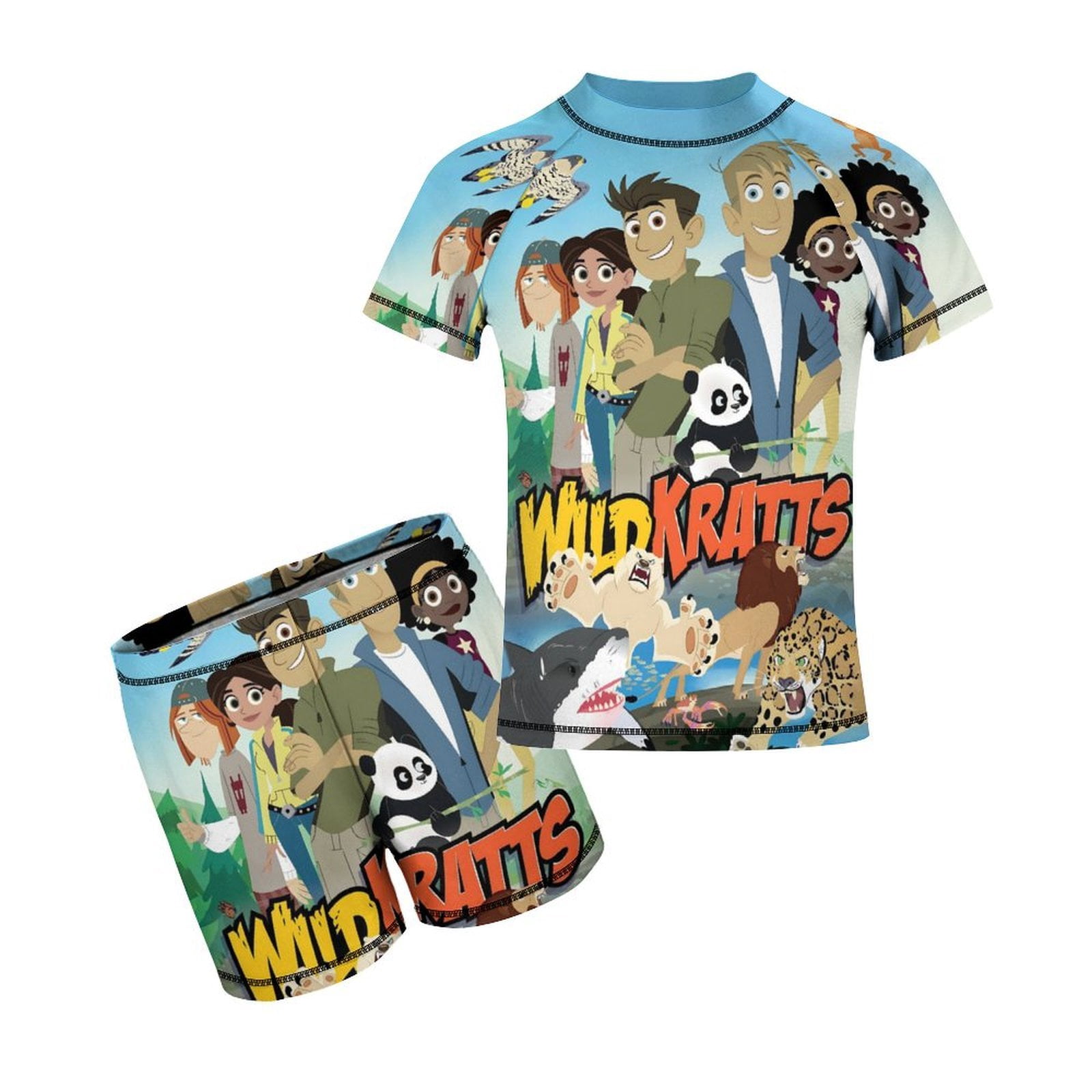 2PCS Boys Wild Animal Kra-,tt2 Rash Guard Swimsuit Short Sleeve ...