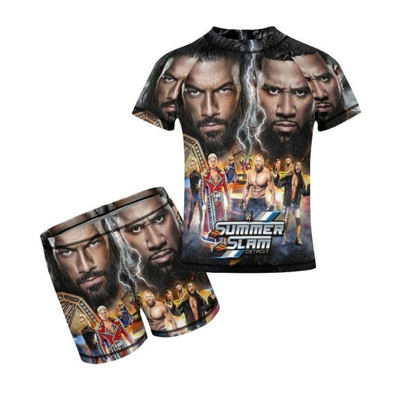 2PCS Boys Wres-Tler-W,W-E Rash Guard Swimsuit Short Sleeve Swimwear ...