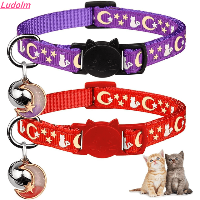 2PCS Breakaway Cat Collars with Bell Moons Stars Cute Kitty Adjustable ...