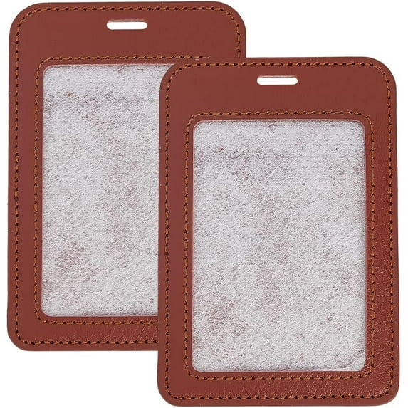 2PCS Brown PU Leather ID Card Case Vertical Sided Badge Holder ...