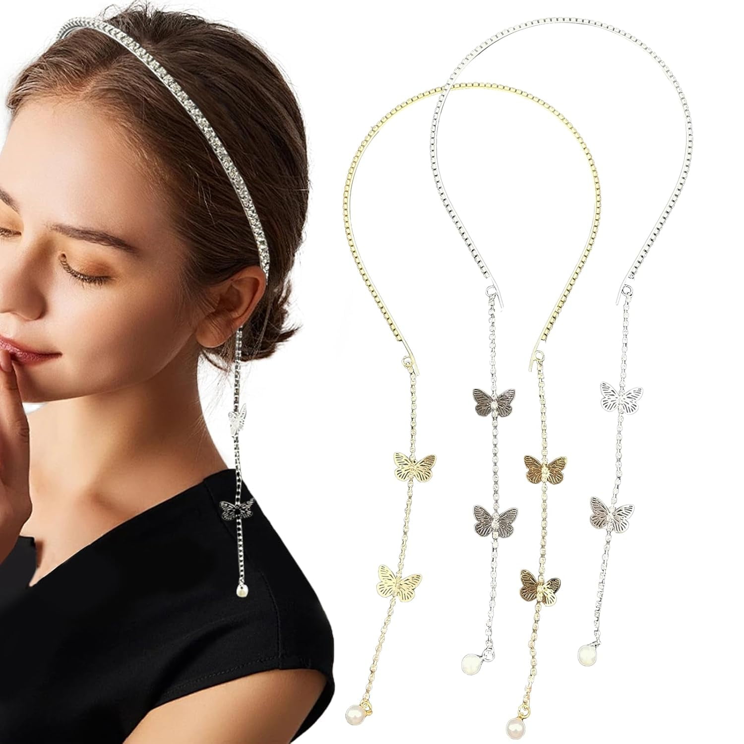 2PCS Butterfly Rhinestone Headbands Elegant Shiny Crystal Tassel ...