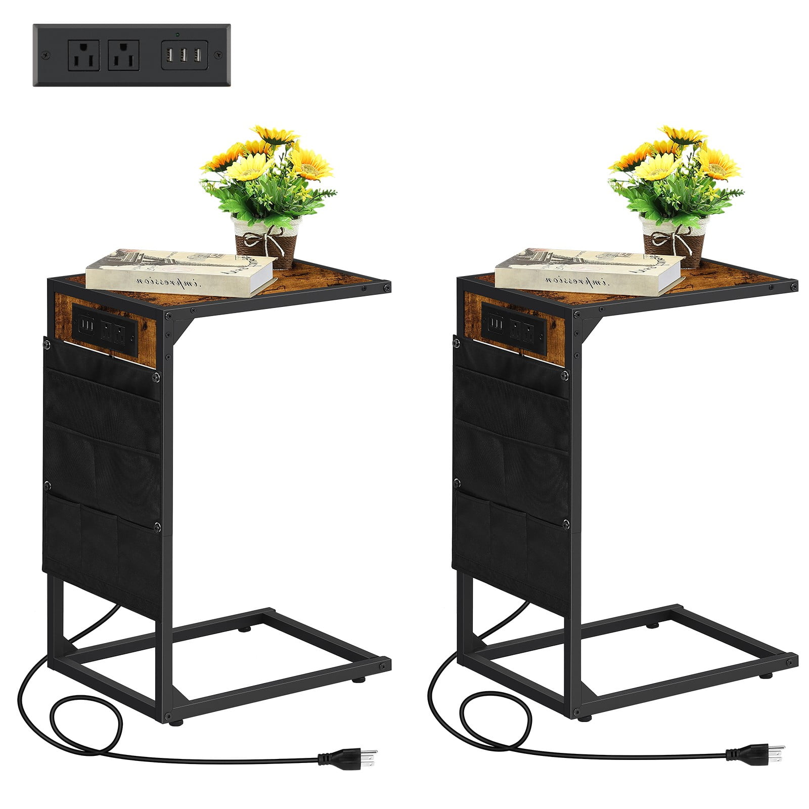 2PCS C Shaped End Table w/3 USB Ports& Outlets Side Table for Living ...