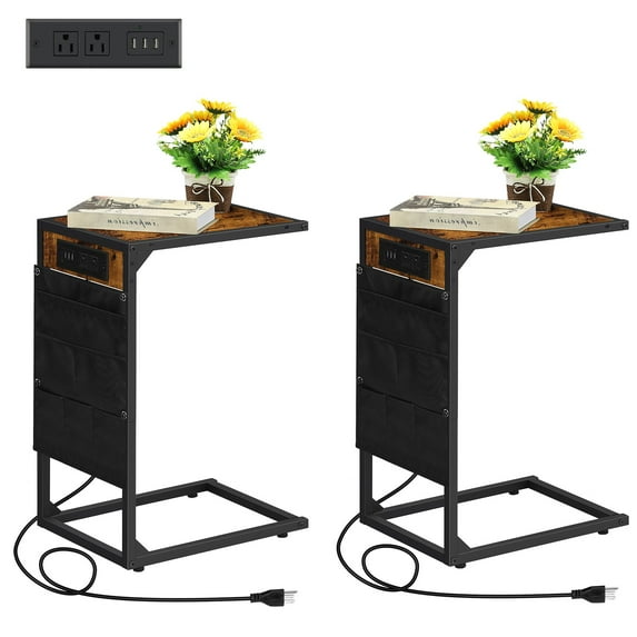 2PCS C Shaped End Table w/3 USB Ports& Outlets Side Table for Living ...