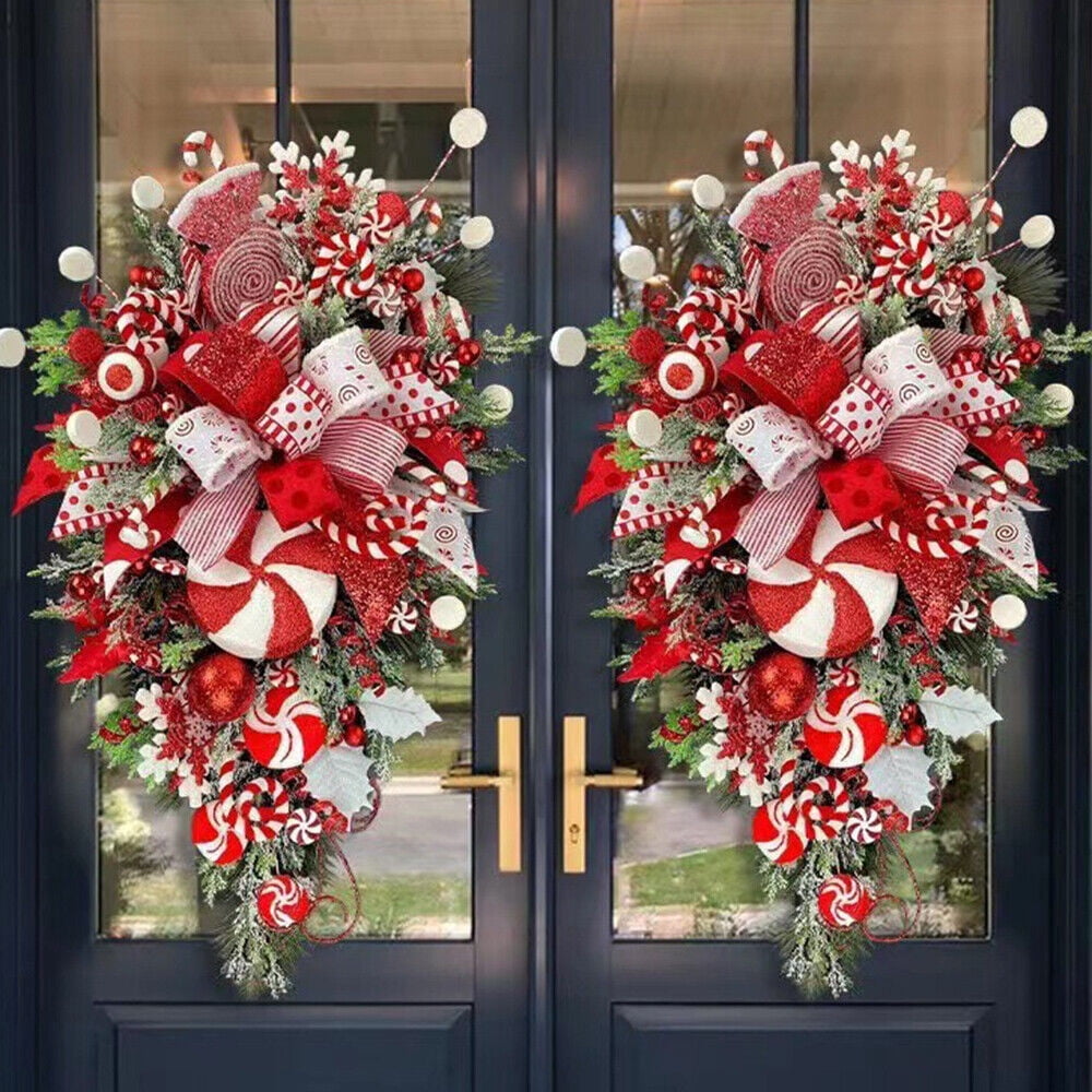 2PCS Candy Cane Christmas Wreath, Christmas Teardrop Swag Candy Cane ...