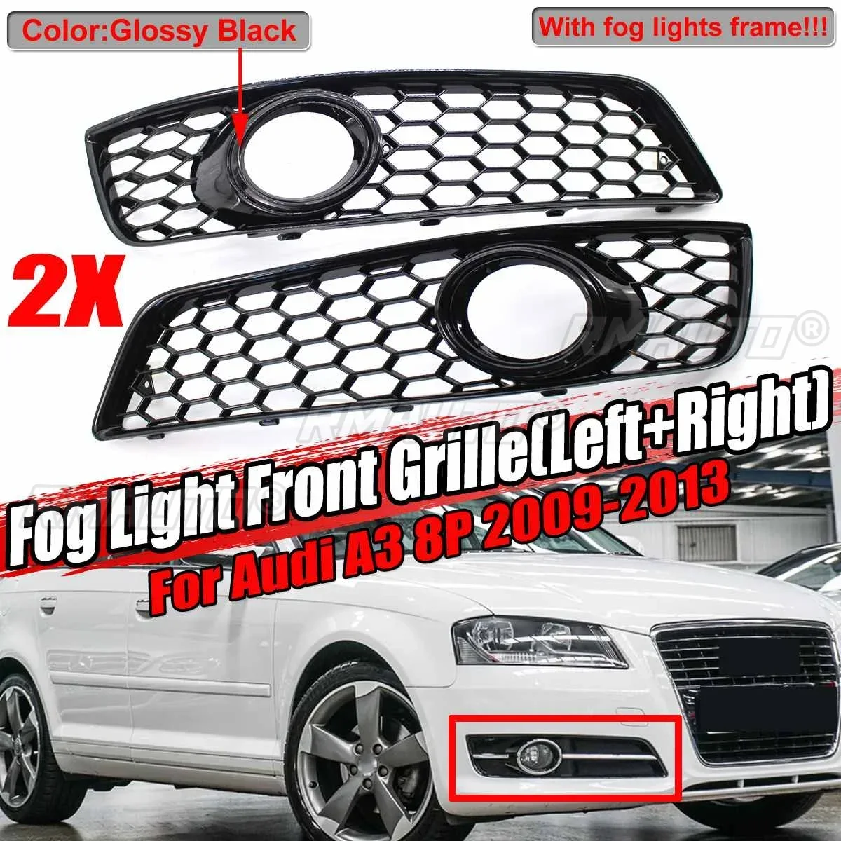 2PCS Car Front Bumper Fog Light Grill Fog Lamp Honeycomb Grille Cover ...