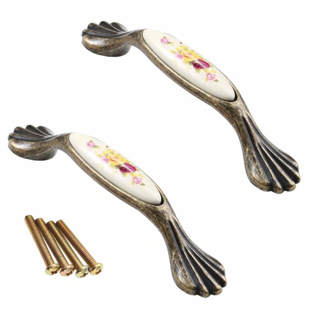 2PCS Ceramics Rose Flower Cabinet Knob, Retro Antique Zinc Alloy Drawer ...