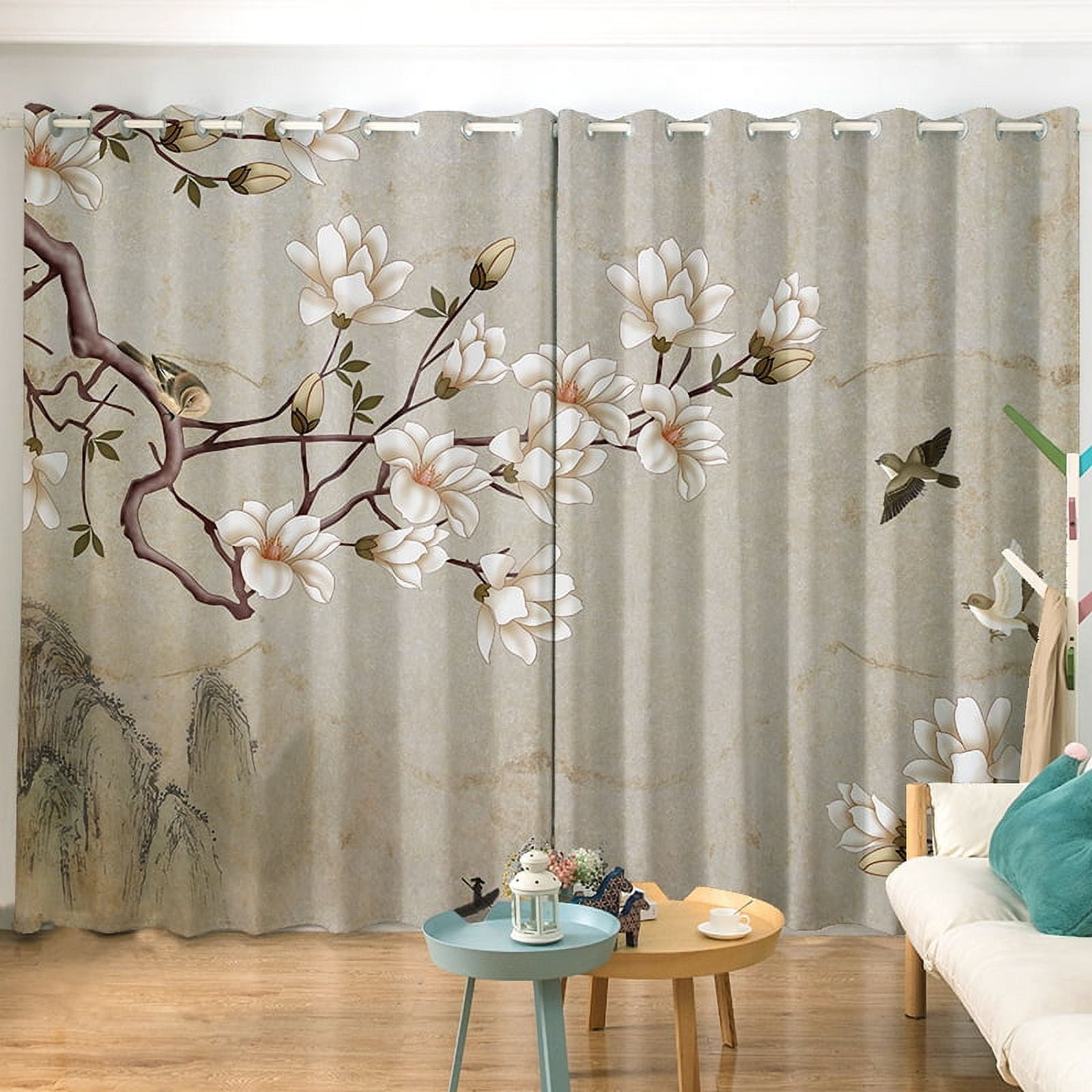 2PCS Chinese Style Curtain Peach Blossom Lotus Chinese Ink Painting ...