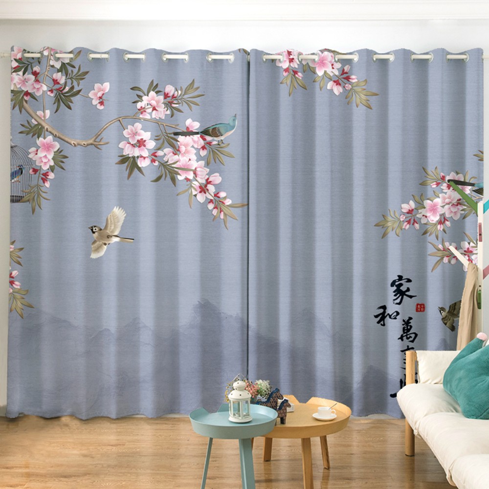 2PCS Chinese Style Curtain Peach Blossom Lotus Chinese Ink Painting ...