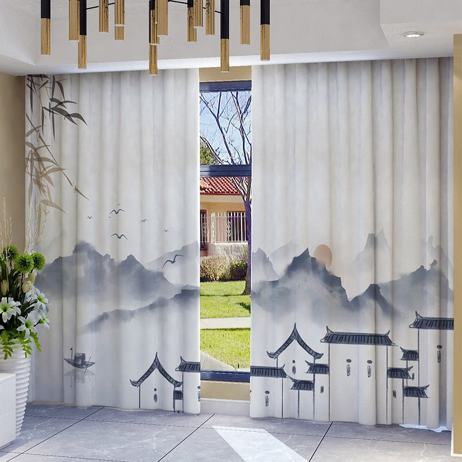 2PCS Chinese Style Curtain Peach Blossom Lotus Chinese Ink Painting ...