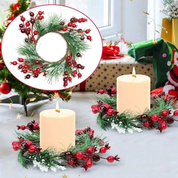 2PCS Christmas Candle Rings - Candle Wreaths Garland with Artificial ...