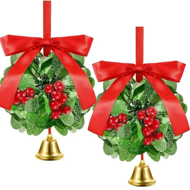 2PCS Christmas Mistletoe Balls Ornaments with Bells Artificial Hanging ...