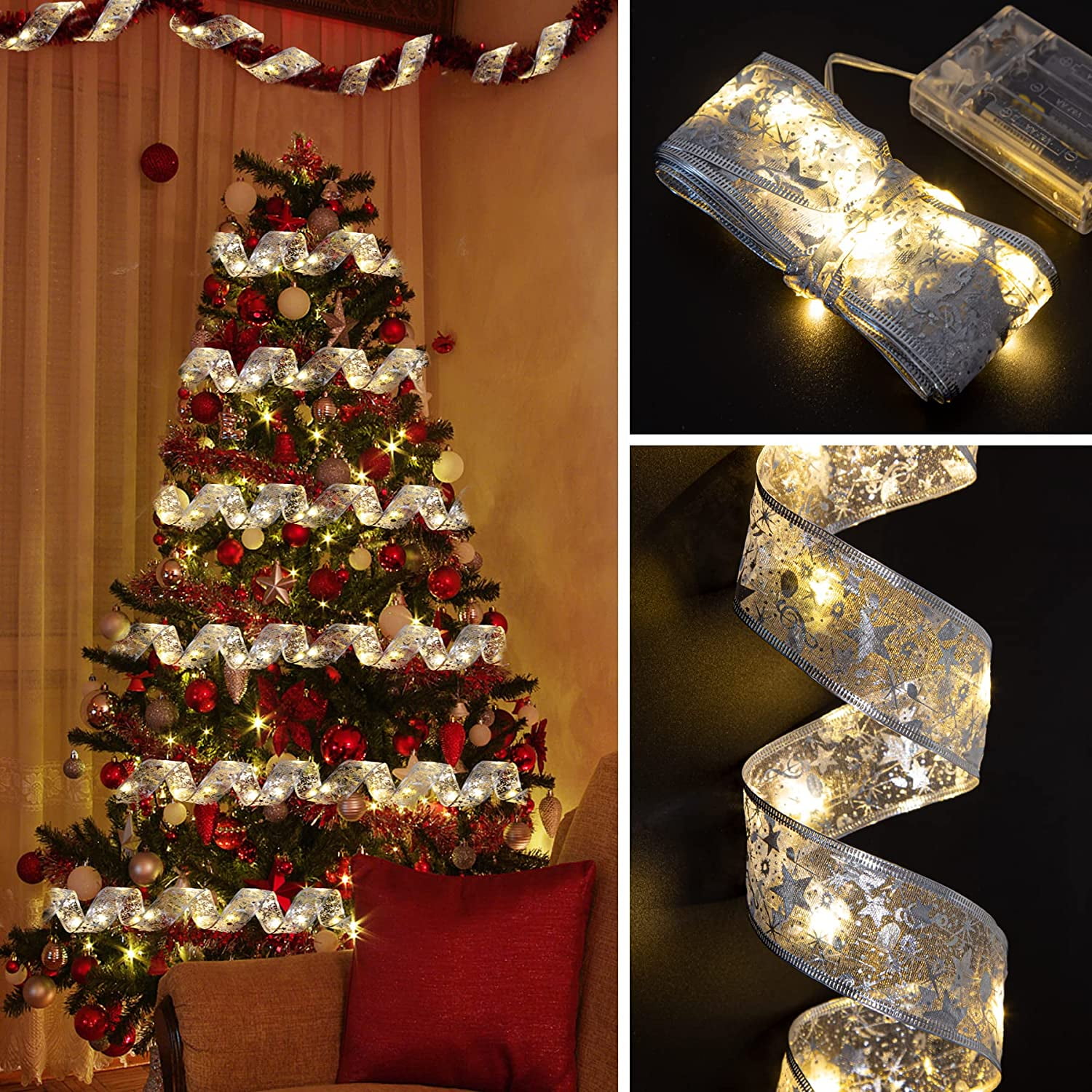 2PCS Christmas Ribbon Lights Battery Operated Fairy Led Lights ...