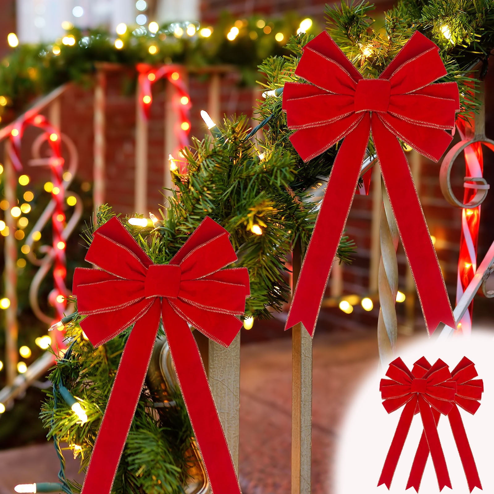 2PCS Christmas Velvet Bow Decorations, 11x19.6" Large Red Bows Xmas ...