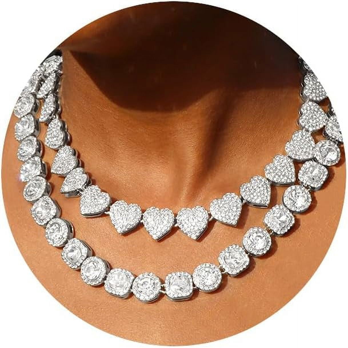 2PCS Clustered Diamond Tennis Chain Miami Cuban Link Chain for Women ...