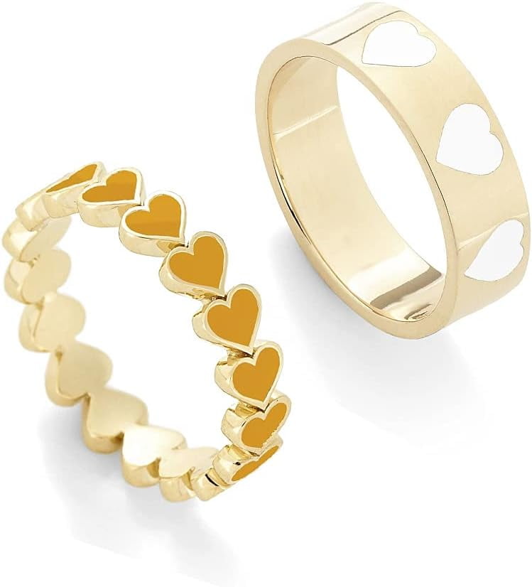 2PCS Colorful Love Heart Couple Stackable Ring Enamel Band Knuckle ...