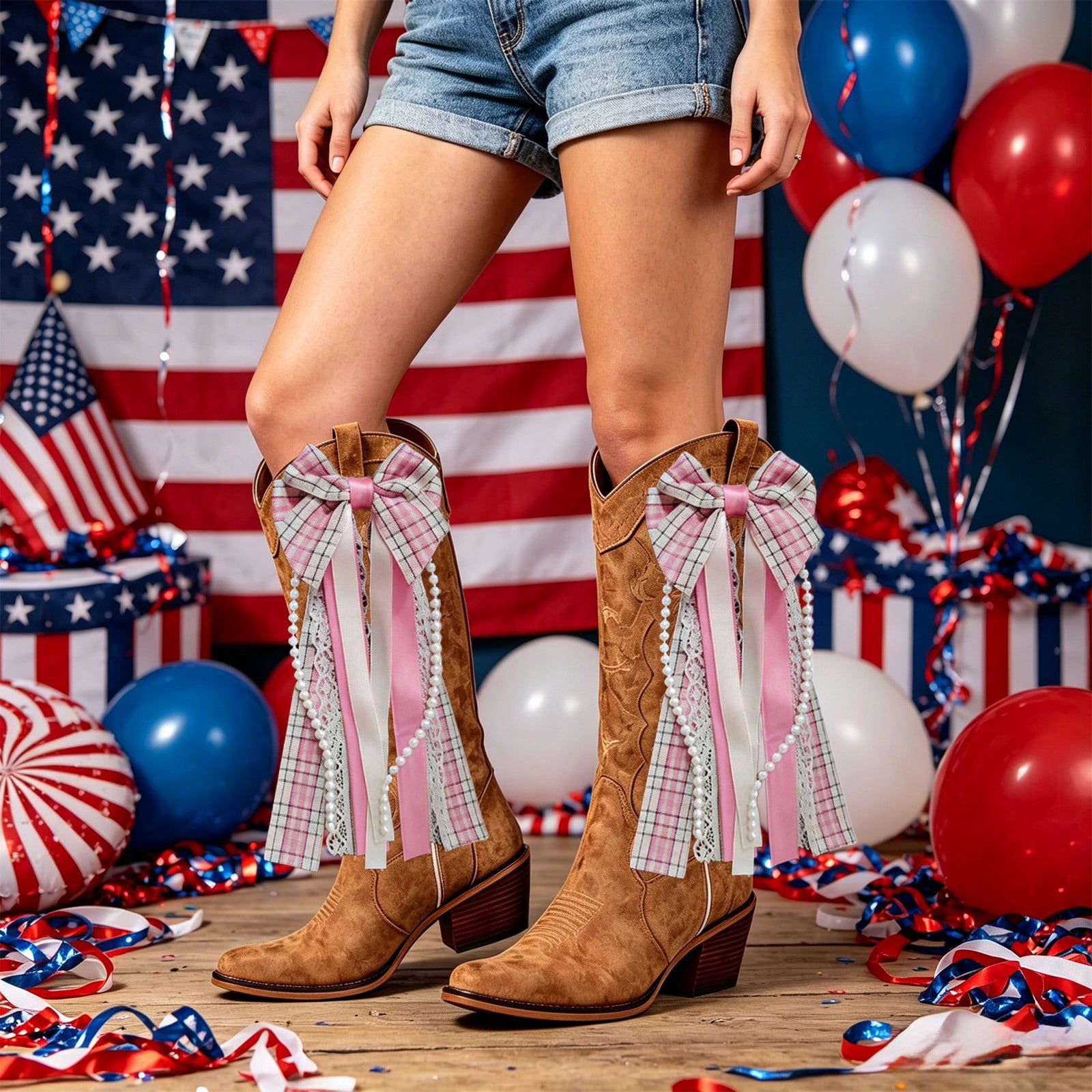 2PCS Cowboy Boot Bow Charms, Patriotic Lace Pearl Tassel Boot ...