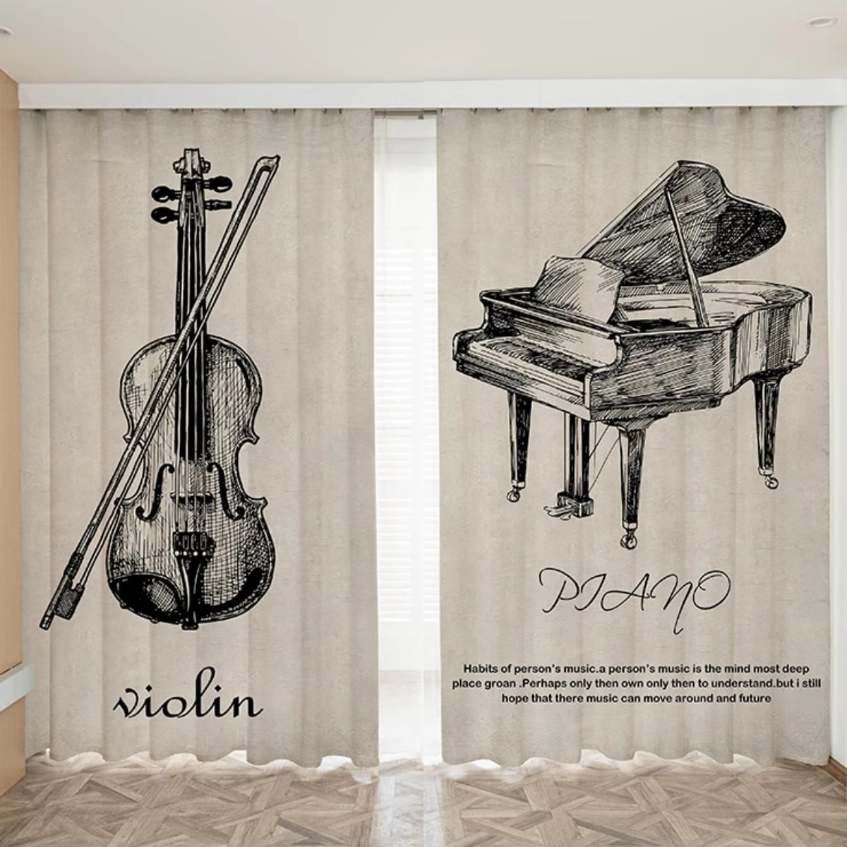 2PCS Custom Curtain Modern Simple Musical Instrument Notes Piano Violin ...