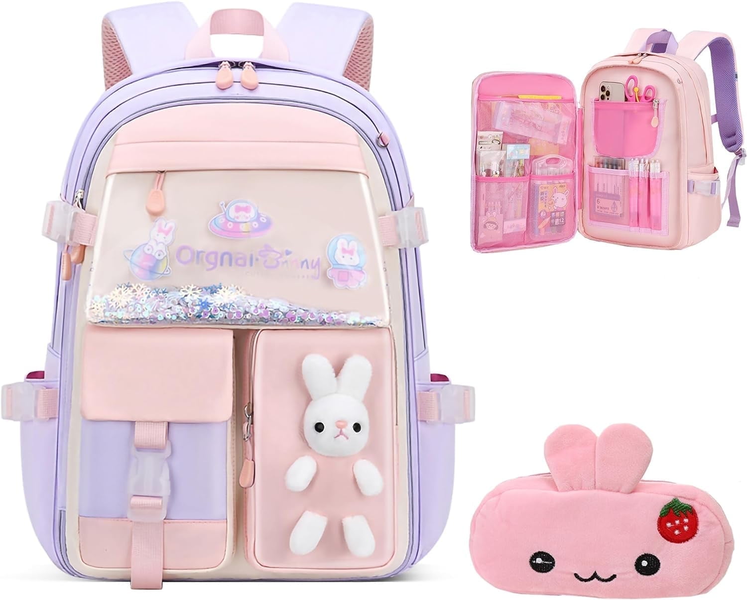 2PCS Cute Bunny Backpack,Kawaii Backpack Set with Pen Bag, Aesthetic ...