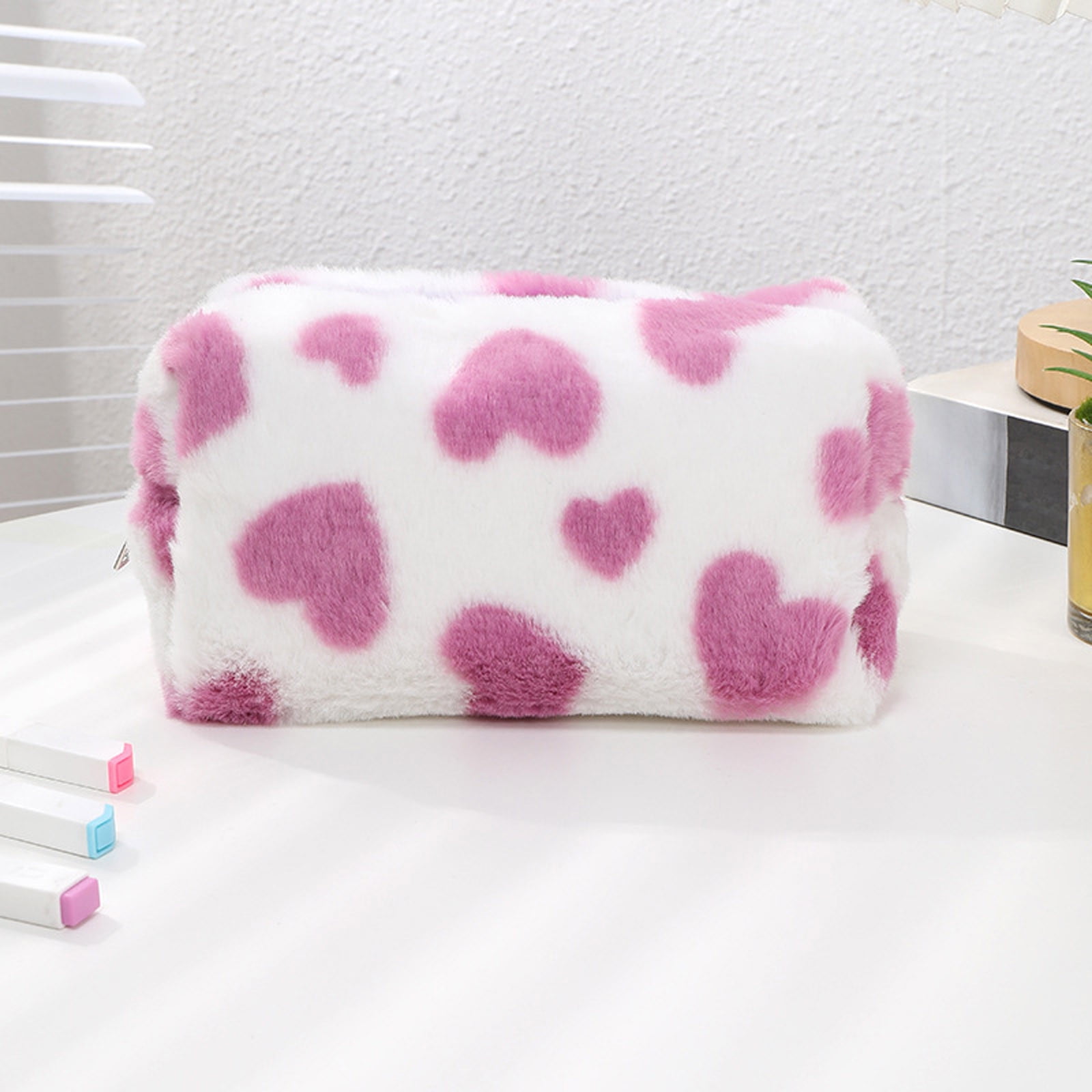 2PCS Cute Plush Makeup Bag,Fluffy Plaid Cosmetics Storage Bag,Large ...