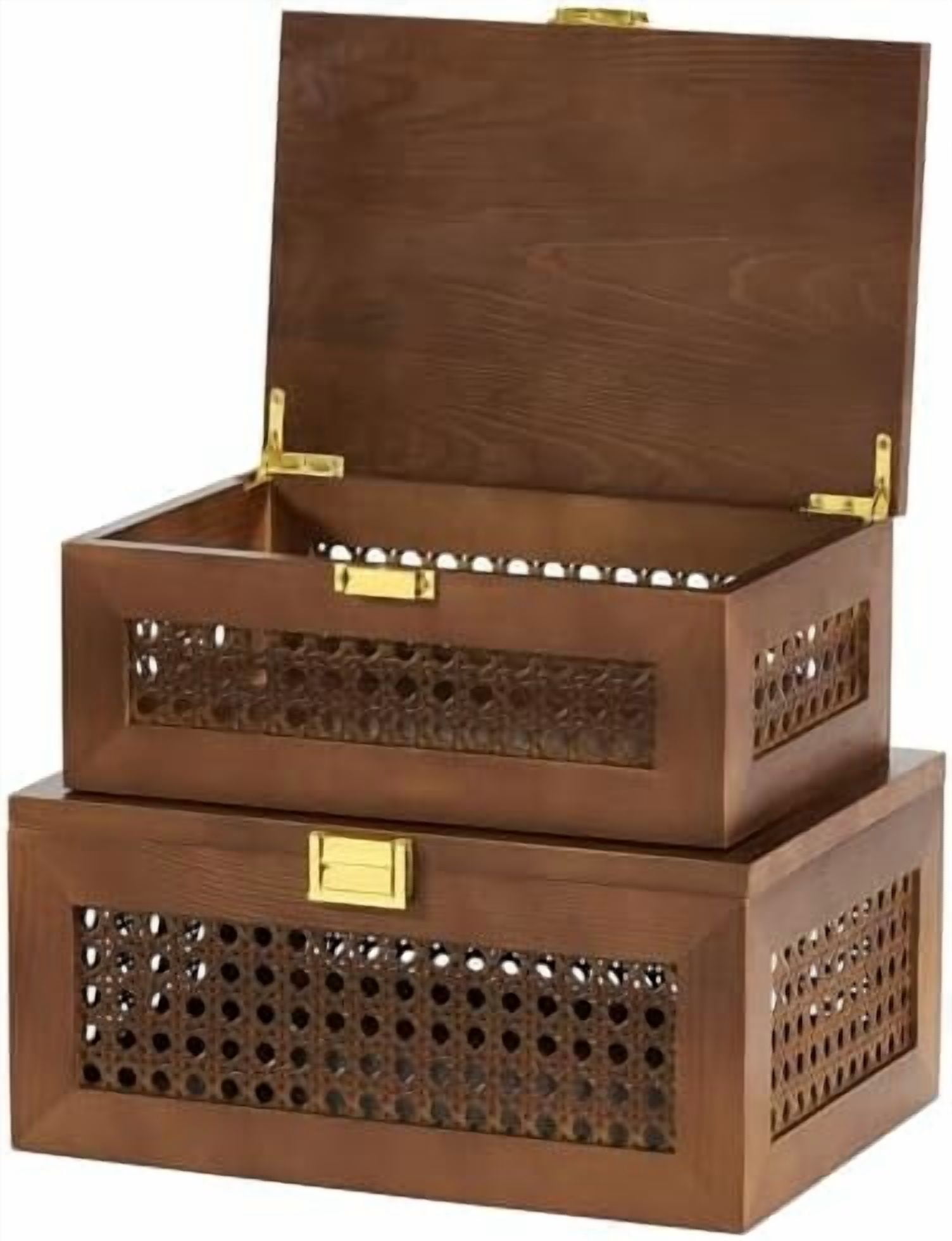 2PCS Decorative Rattan Storage Boxes Solid Wood Baskets Bins with Lid ...
